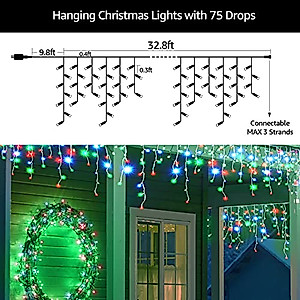 KiflyTooin Led Christmas Lights Outdoor Christmas Decorations Hanging Lights 400LED 8 Modes 75 Drops, Outdoor Indoor Fairy String Lights for Party, Holiday, Wedding Decorations (Red, White, Green)