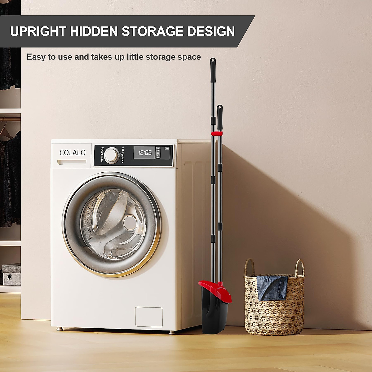 Broom with Dustpan Combo Set,UDUK 51'' Long Handle Broom with Standing Dustpan for Home, Heavy Duty Broom and Dustpan Set with Lid and Cleaning Teeth, Ideal for Pet Store Kitchen Indoor Outdoor (Red)