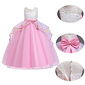 NEWEPIE Girls Unicorn Costume Bowknot Princess Birthday Tulle Lace Dress Christmas Party Carnival Halloween Outfit w/Headband Pink 8-9T
