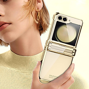 NINKI Compatible Clear Case for Samsung Galaxy Z Flip 5 Phone Case with Hinge Protection,Full Coverage Luxury Transparent Plating PC Thin Case Cover for Samsung Galaxy Z Flip 5 5g Case Champagne Gold