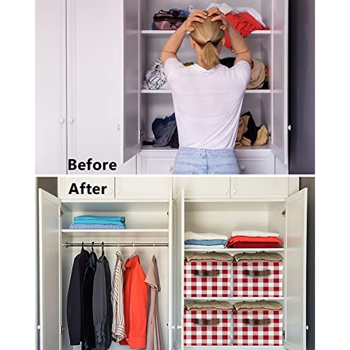 Rustic Red Checkered Storage Basket for Shelves, Valentine Red Buffalo Plaid Storage Cube Fabric Storage Bins, Closet Organizers with Handles for Book, Toys, Cloth, 15x11x9.5 Inch