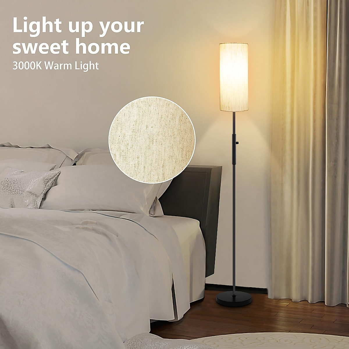 Floor Lamps for Living Room, Modern Standing Lamp, Minimalist Pole Lamp, Stepless Dimmable 9W Bulb Included, Tall Lamp with Linen Shade, Lamps for Bedroom, Office, Kids Room, Reading Light