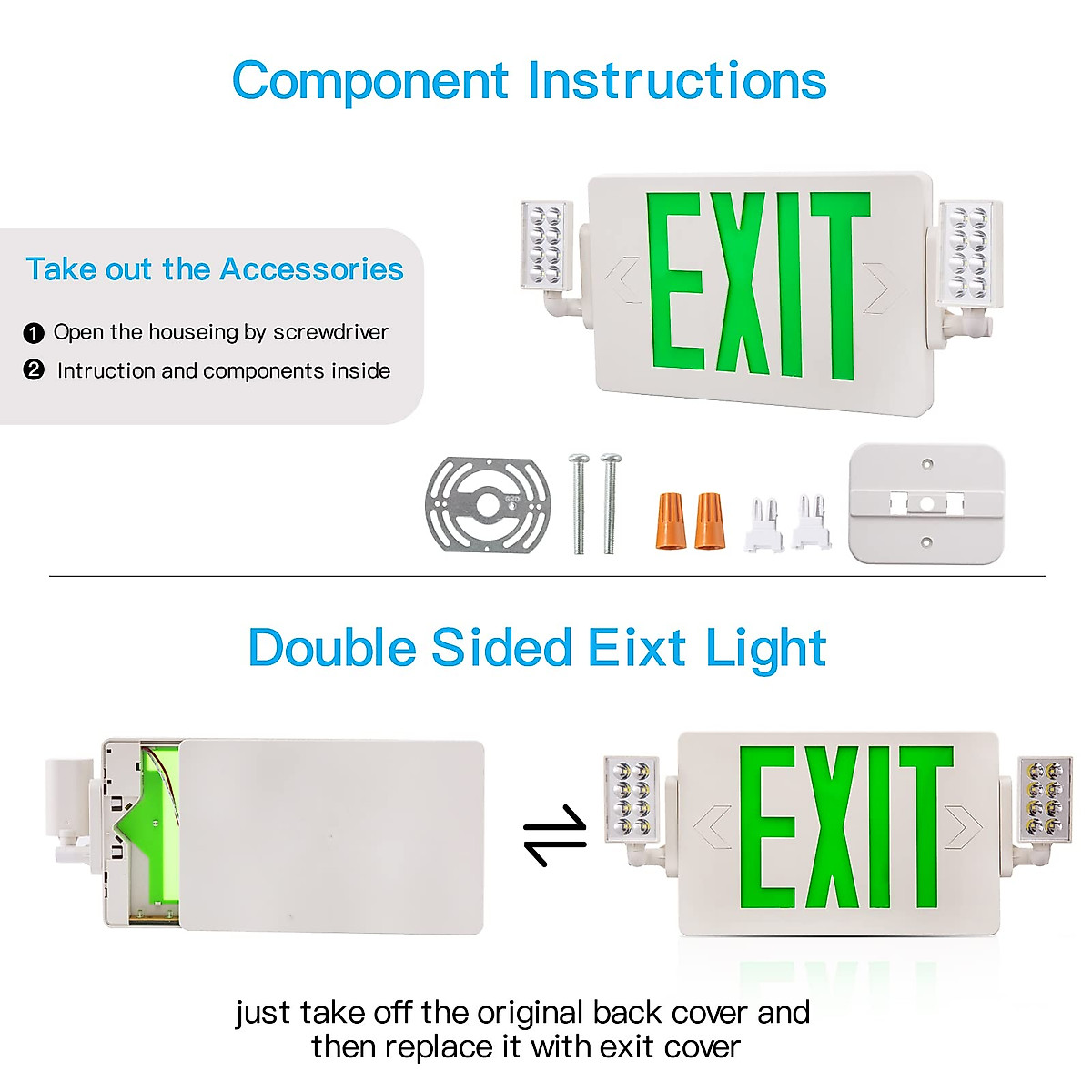 EXITLUX 1 Pack Green Led Exit Lights with Battery Backup&Adjustable Two Head-US Standard UL Listed-Hardwired-Exit Signs for Business/Commercial Emergency Light Fixtures