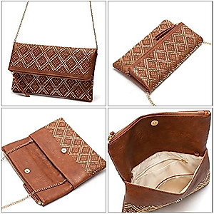 NOL Natural Organic Lifestyle Women Crossbody Bag Shoulder Handbag Evening Clutch Purse with Studs Chaine Strap (Brown)