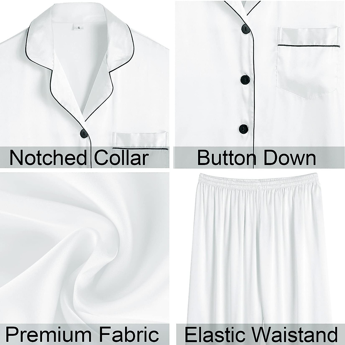 SWOMOG Women Satin Pajamas 4pcs Pajama Set Sexy Cami Shorts Set and Button Down Long Sleeve Pjs Loungewear Sleepwear White,Large