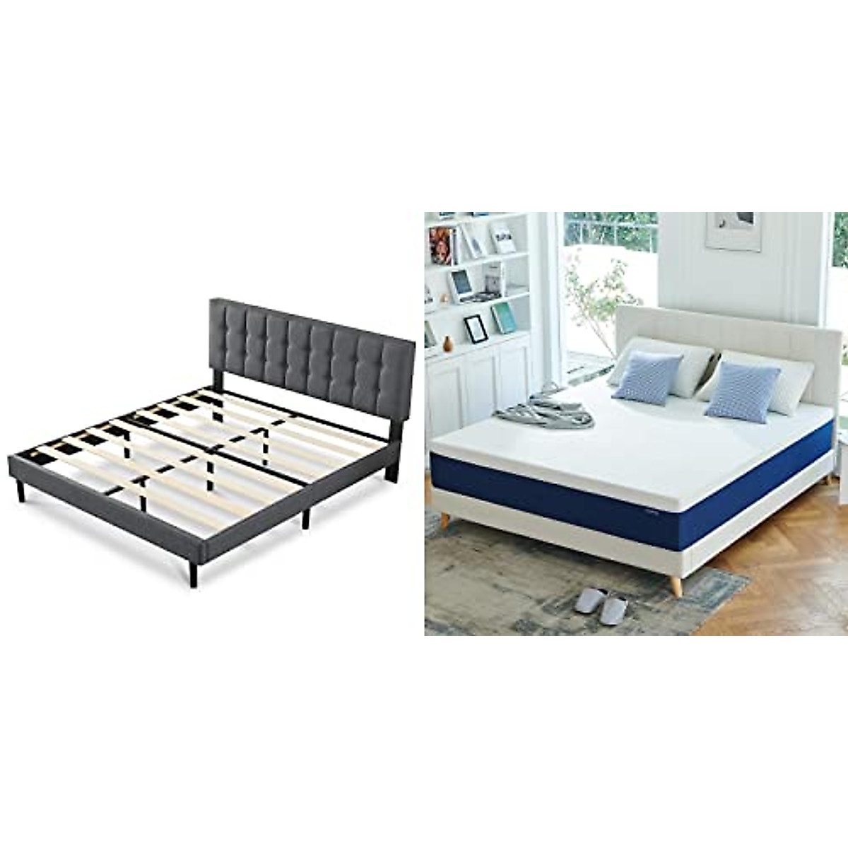 Molblly 10 Inch Full Memory Foam Mattress (Blue) 42 Inch Platform Bed Frame (Grey), Full