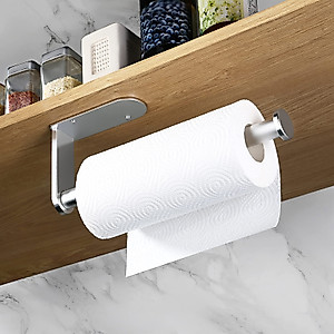 KES Paper Towel Holder Wall Mount or Under Cabinet, Adhesive Paper Towel Roll Holder for Kitchen, Screws and Self-Adhesive Strip Included, Aluminum Silver Finish, KPH400