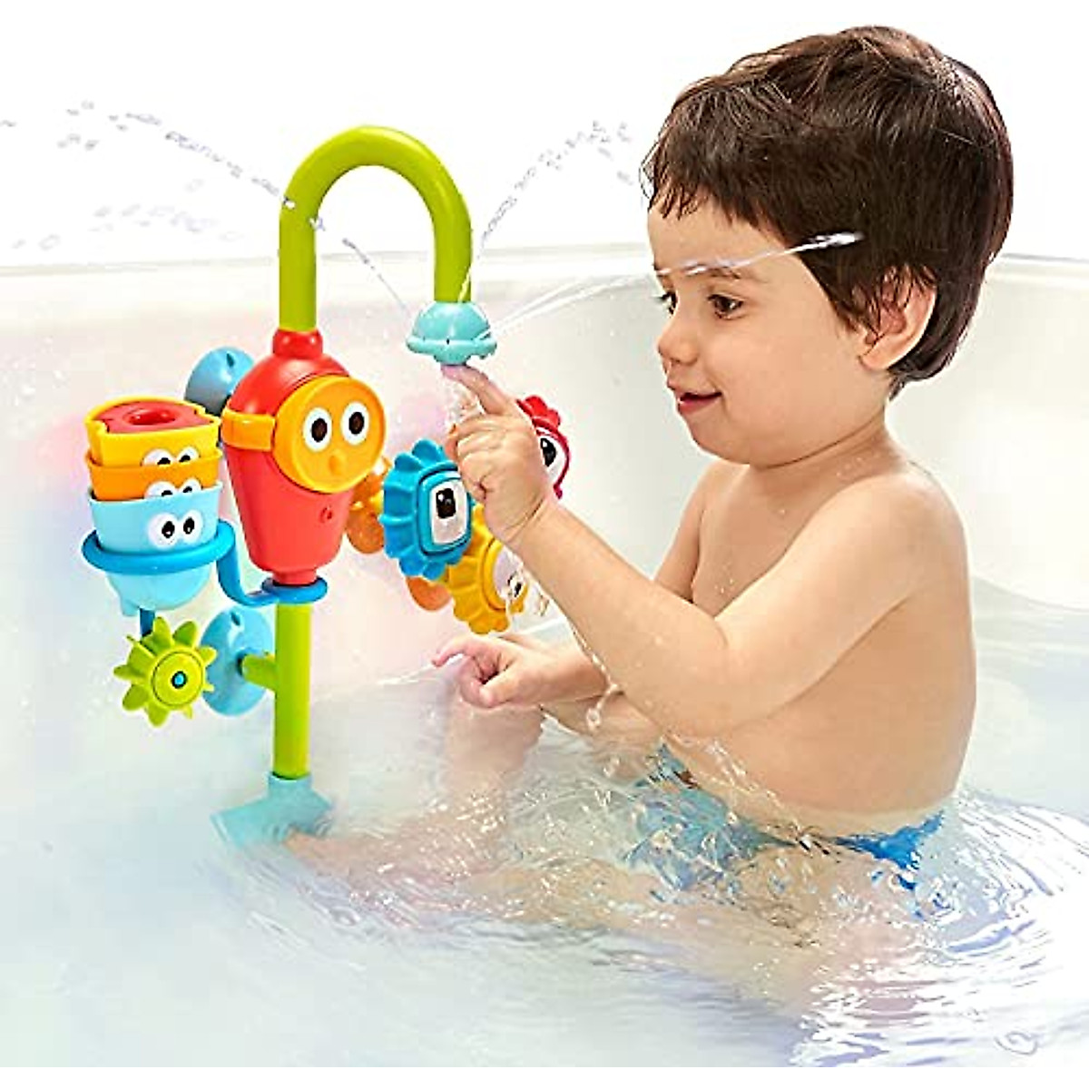 Yookidoo Bath Toys (For Toddlers 1-3) - Spin N Sort Spout Pro - 3 Stackable Cups, Hose and Spout, Spinning Suction Cups For Kids Bathtime Fun