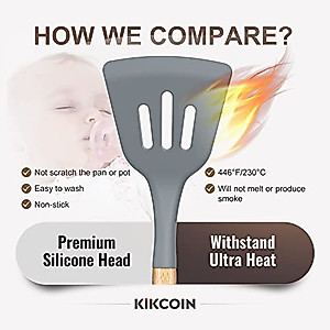33 PCS Kitchen Utensils Set, Kikcoin Wood Handle Silicone Cooking Utensils Set with Holder, Spatulas Silicone Heat Resistant Cooking Gadgets for Nonstick Cookware, Grey