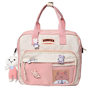 Kawaii Canvas School Backpack with Pendant, Laptop Shoulders Bag, Back to School Off to College Supplies (Pink)