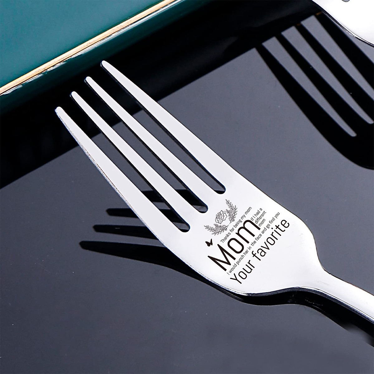 Funny Mom Birthday Gift from Daughter Son, Stainless Steel Engraved Dinner Forks, Mother's Day Gift for Mom, Thanksgiving Christmas Day Gifts for Mom, Bonus Moms, Stepmom, Mother in Law