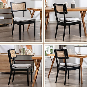 Guyou Black Rattan Dining Chairs Set of 4, Linen Upholstered Farmhouse Dining Chairs with Cane Back, Wood Kitchen Dining Chairs with Removable Cushion, Armless Cane Dining Chair for Dinner Living Room
