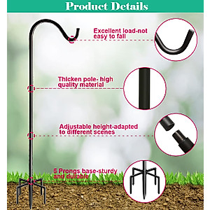 Fandature 76 Inch Tall Outdoor Shepherds Hook with 5 Prong Base, Adjustable Bird Feeder Pole Hanger for Hanging Outside Birdfeeders, Plant Baskets, Lanterns, Wedding Decor