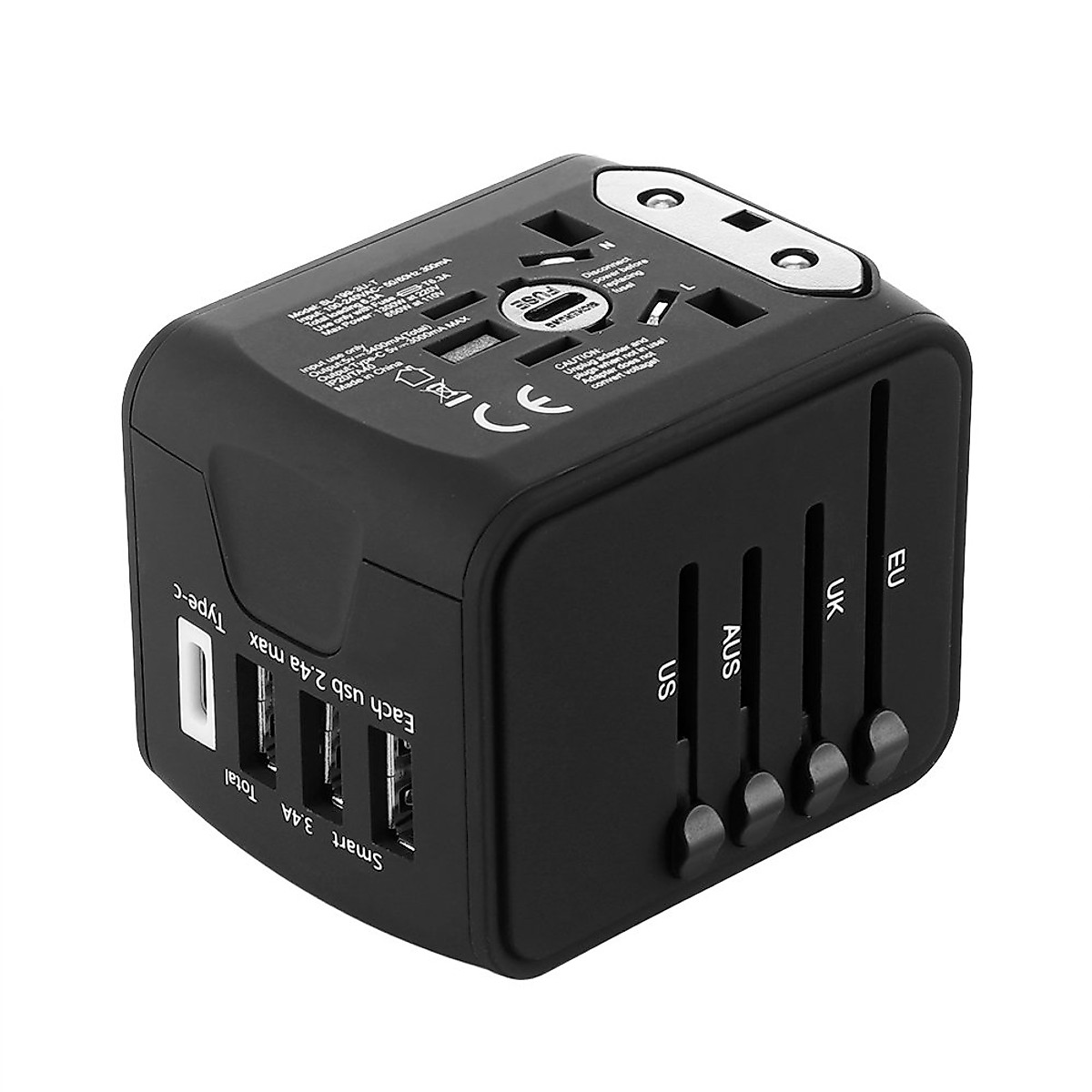 Universal Travel Adapter,All in One Universal Power Adapter for 150 Countries 3usb+Type C (Black)