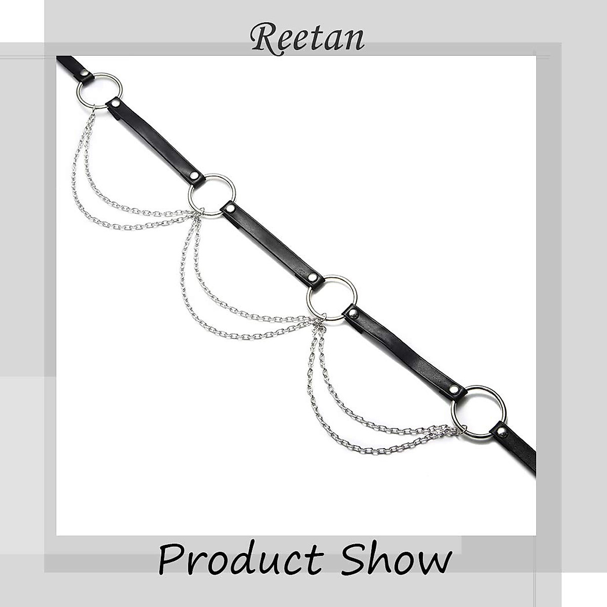 Reetan Punk Leather Body Chains Black Waist Chain Layered Nightclub Ring Belt Belly Chains Rave Party Body Jewelry Accessories for Women and Girls (A)