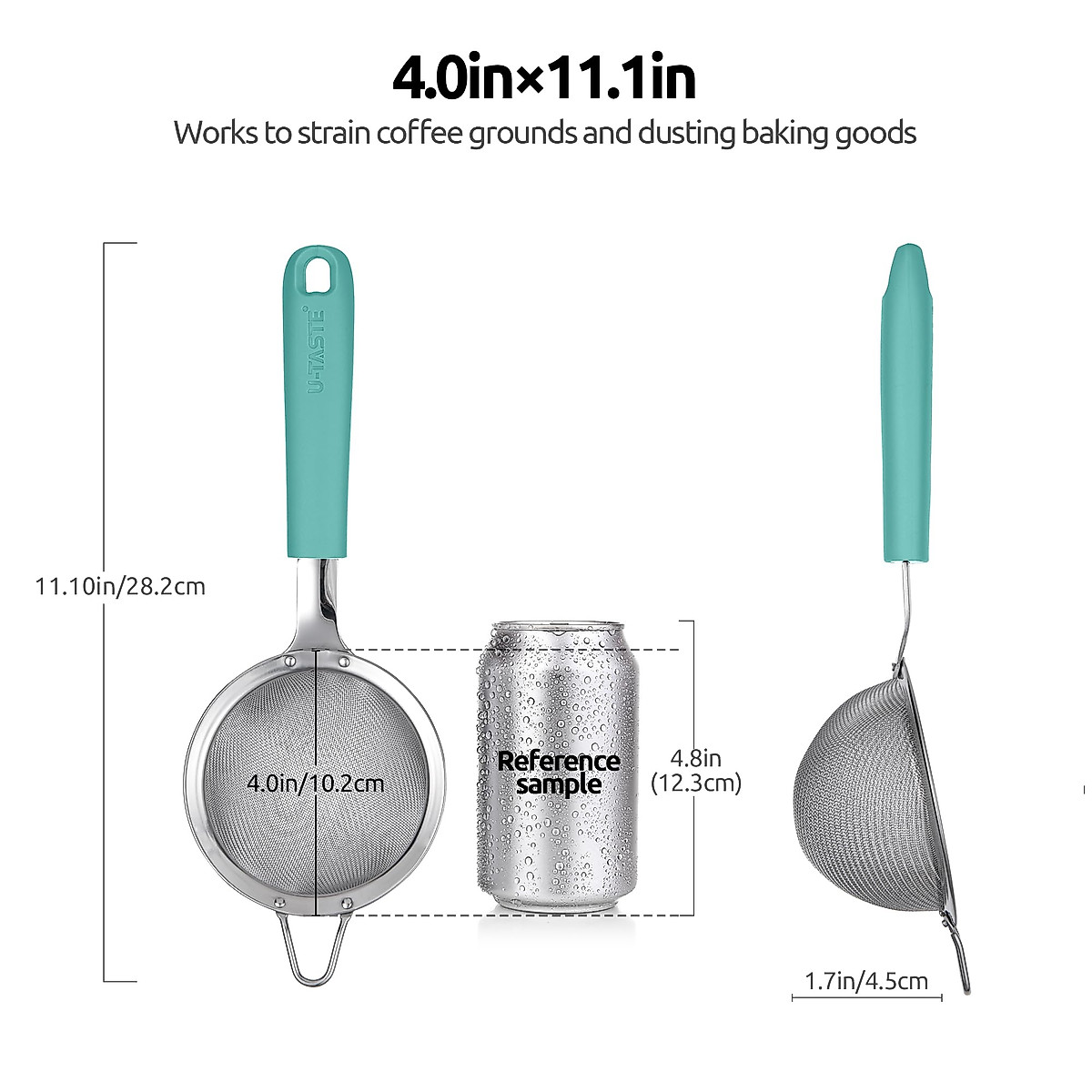 18/8 Stainless Steel Mesh Strainer: U-Taste 3.9 Inch Kitchen Fine Mesh Sieve Food Colander with Riveted Sturdy Silicone Handle and 30 Mesh Hole for Straining Flour, Quinoa, Tea, Juice (Aqua Sky)