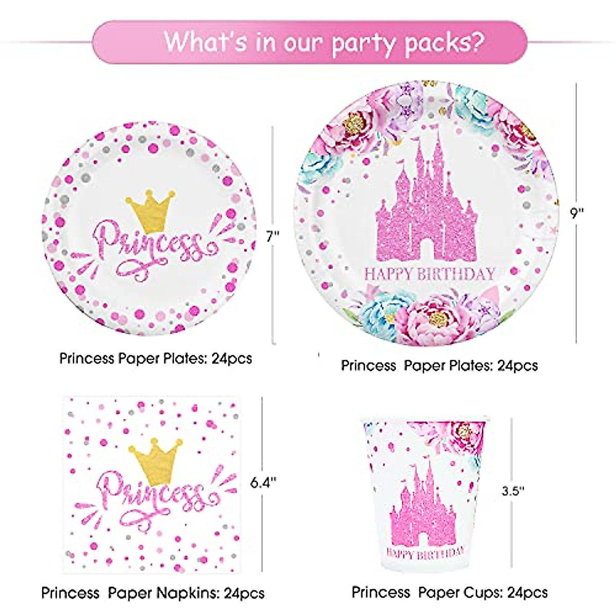 NAIWOXI Princess Birthday Party Supplies - Princess Party Decorations Tableware Set Include Plates, Napkins, Cups, Cutlery, Tablecloth, Straws, for Girls Princess Baby Shower Decorations | Serve 24