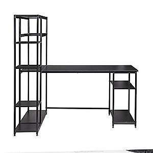 Modern Luxe L-Shaped Corner with Bookshelf 2-Pieces Computer PC Table Set Home Office Desk with Shelves, Black