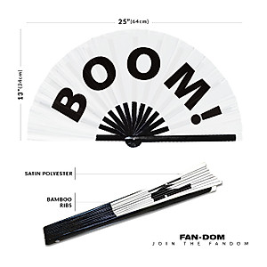 Boom! hand fan foldable bamboo circuit hand fan funny gag slang words expressions statement gifts Festival accessories Rave handheld Circuit event fan Clack fans (White)