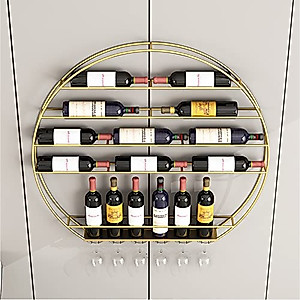 Gold Round Wall-Mounte Wine Rack ， Bar Restaurant Kitchen Wine Bottle Storage Shelf ，Hanging Wine Glass Holder Suspended Stemware Floating Organizer Shelves