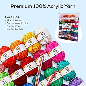 JumblCrafts 24-Yarn Crocheting Starter Kit. 24 Fun-Sized Skeins with 2 Crochet Hooks and 2 Weaving Needles, 24 Assorted Colors of Acrylic Yarn for Crafters. Great for Beginners and Experts