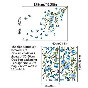 Ellis Kas Branch Blue Flower Wall Sticker Butterfly Wall Sticker Butterfly Removable Vinyl Home Stickers Murals Art Decor for Living Room Nursery Room Bedroom Office Bathroom