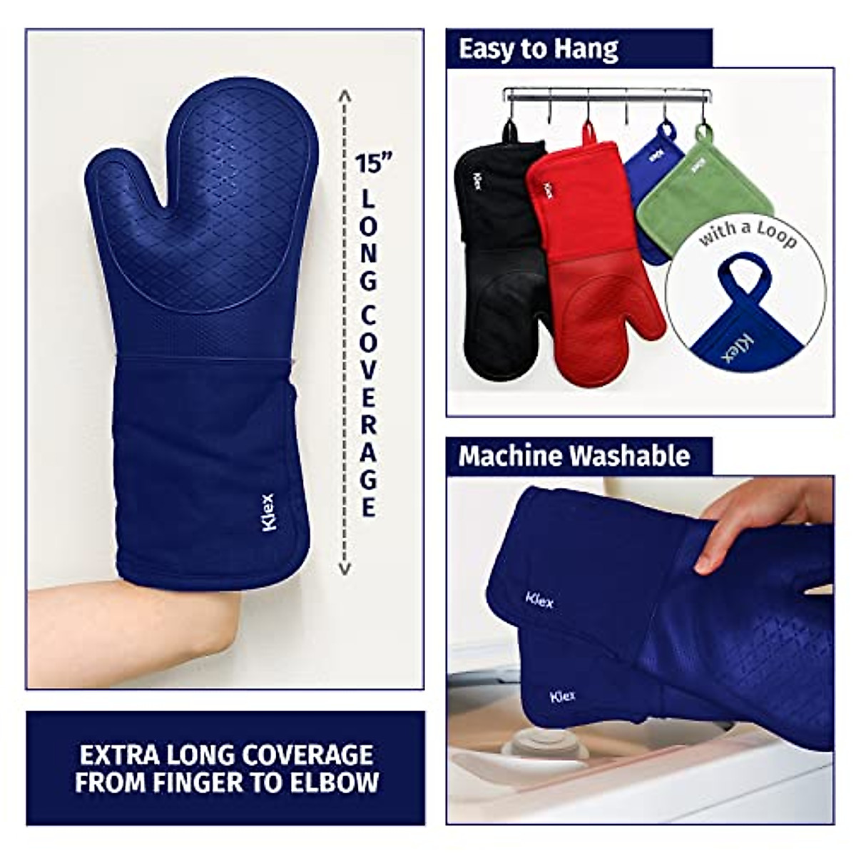 Klex Extra Long Silicone Oven Mitts and Pot Holders, 932°F Degrees Heat Resistance with Quilted Liner Oven Gloves and Hot Pads, 4 Piece Set, 15 inch, Blue