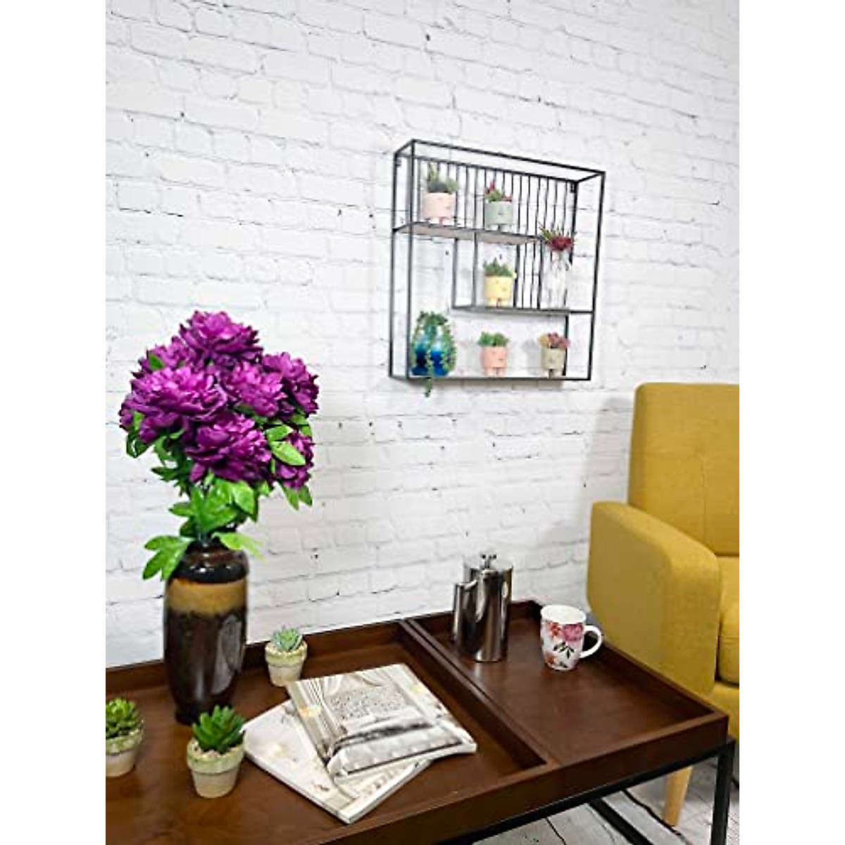 Admired By Nature Modern White Oak Wood Rectangular Mounted Metal Hanging Storage Floating Shelves, Black, ABN5E161-NTRL Wall Shelf