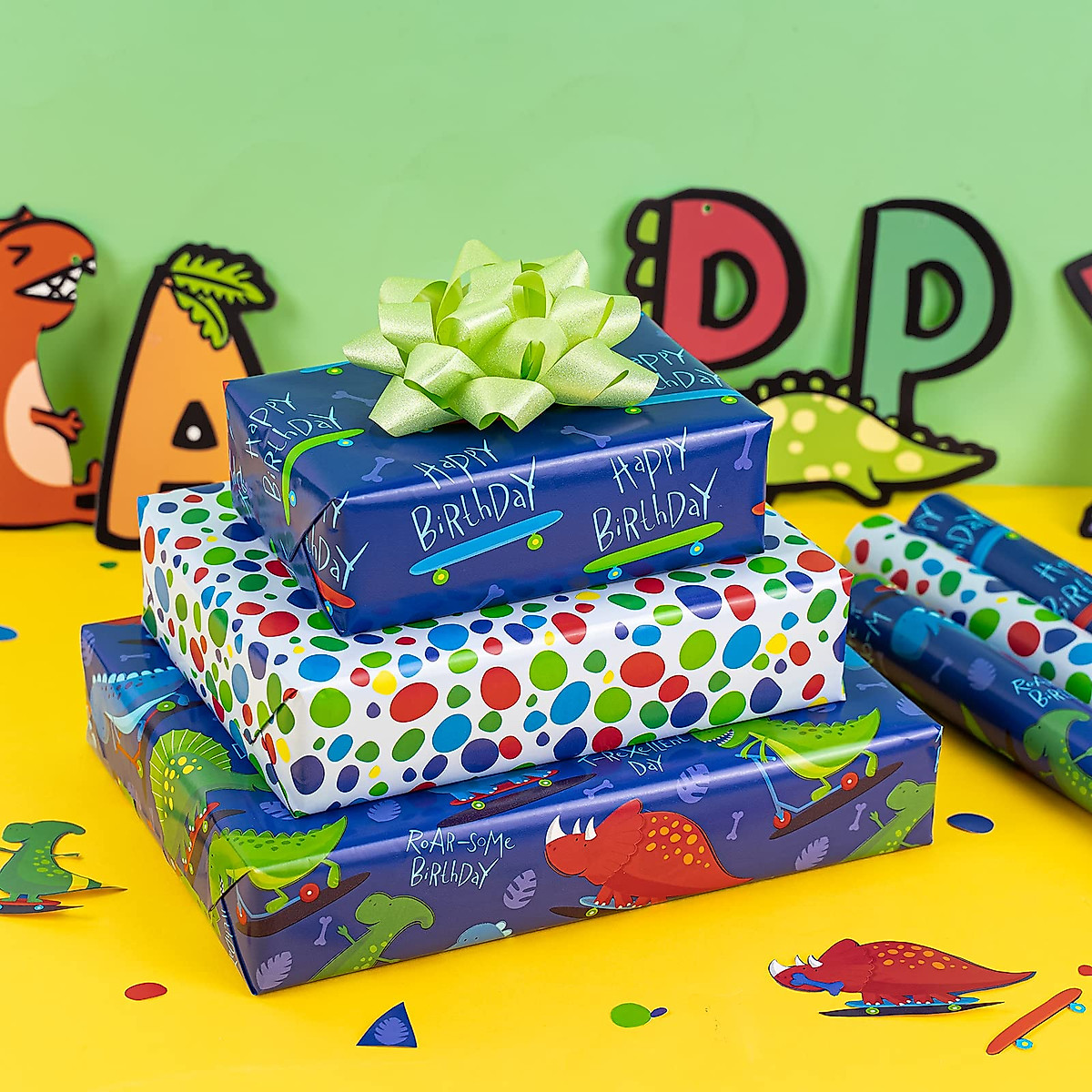 WRAPAHOLIC Birthday Wrapping Paper Roll - Mini Roll - 3 Rolls - 17 Inch X 120 Inch Per Roll - Cute Dinosaurs, Happy Birthday Lettering, Polka Dot for Kid's Birthday, Baby Shower