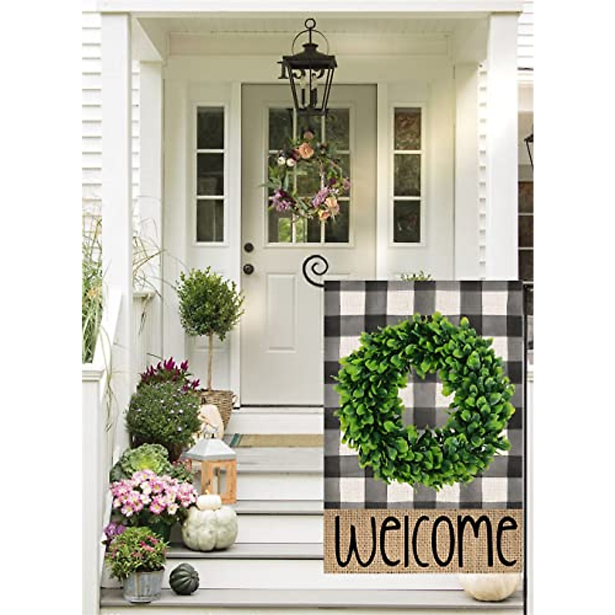 Welcome Spring Garden Flag for Outside,Buffalo Plaid Boxwood Wreath Small Yard Flag, Summer Seasonal Decors for Outdoor Farmhouse Holiday 12x18 Double Sided