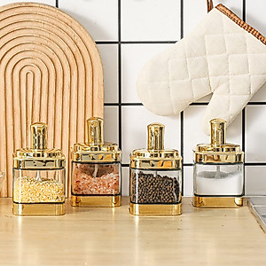 BETTWILL Glass Condiment Spice Jars, Container with Lids and Spoons(11oz/320 ml), Gold Salt Jar, 2Pack Seasoning Box Set for Sugar, Pepper, for Kitchen Counter，Brown Sugar Container.