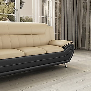 Container Furniture Direct Michael Modern Faux Leather Upholstered Stainless Steel Legs Living Room, Sofa, Black Camel