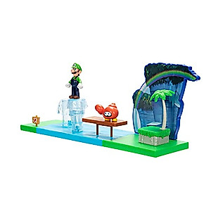 Super Mario Sparkling Waters Action Figures Playset Includes 2.5 Inch Luigi & Red Huckit Crab with Interactive Pieces