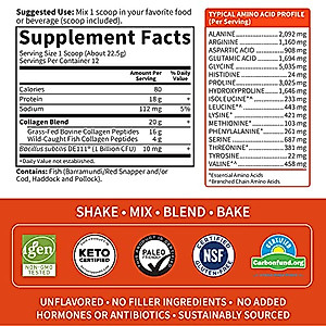 Garden of Life Marine & Grass-Fed Collagen Peptides Powder Supplement (Type I, III) with Probiotics & BCAAs for Mobility, Joint Health, Hair, Skin & Nails - Unflavored, 20g per Serving, 12 Servings