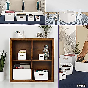 Superio Ribbed Collection - Decorative Plastic Open Home Storage Bins Organizer Baskets, White & Brown (Set of 2) 2 X-Large - Container Boxes for Organizing Closet Shelves Drawer Shelf