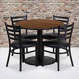 Flash Furniture 36'' Round Walnut Laminate Table Set with Round Base and 4 Ladder Back Metal Chairs - Black Vinyl Seat