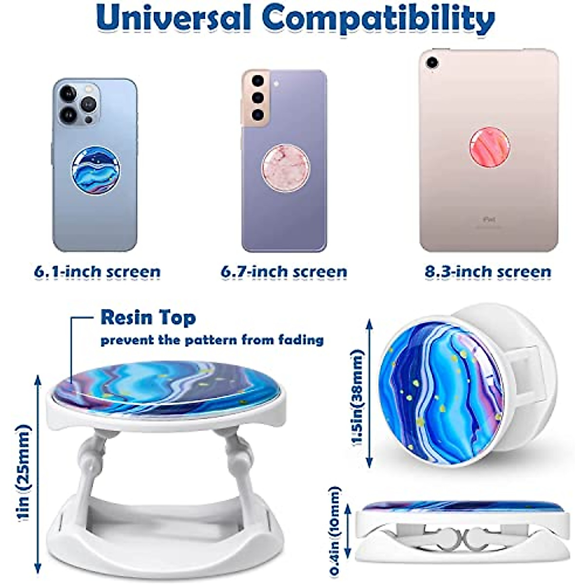 6 Packs Phone Grip Holder for Phones and Tablets, Flowing Marble Texture Multi-Function Collapsible Phone Finger Holder, Compatible with iPhone Samsung Galaxy All Smartphone - Pink Marble Blue Marble