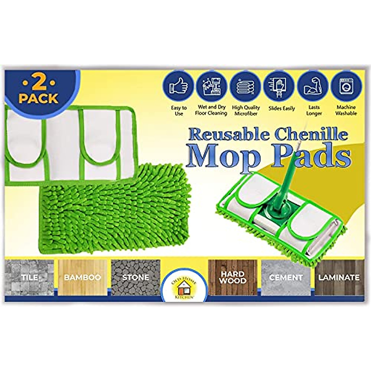 Reusable Chenille Mop Pads | Washable Pads for Standard Mop Heads | Swiffer Compatible Dry Mop for Dust, Pet Hair, and Light Spills | Washable Microfiber Mop Head Replacement - Set of 2