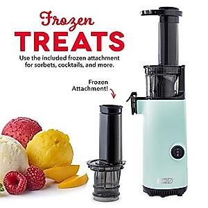 DASH Deluxe Compact Masticating Slow Juicer, Easy to Clean Cold Press Juicer with Brush, Pulp Measuring Cup, Frozen Attachment and Juice Recipe Guide - Aqua