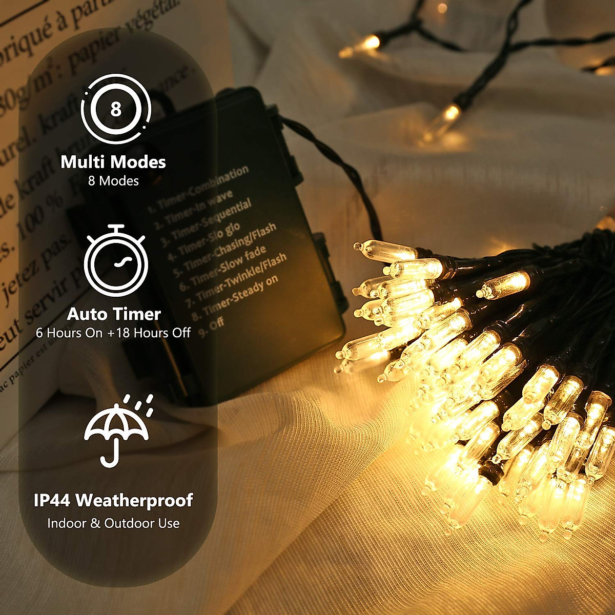 BrizLabs Battery Christmas Lights, 17.94ft 50 LED Warm White Christmas Lights, Green Wire Christmas String Light Indoor/Outdoor, 8 Modes Decorative Holiday Light for Xmas Tree, Wreath, Wedding, 2 Sets