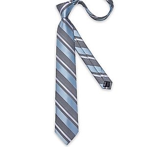 DiBanGu Mens Striped Tie Silk Woven Necktie and Pocket Square Cufflinks Tie Clip Set Wedding Business Formal Gift Tie for Men, Sky Blue and Grey