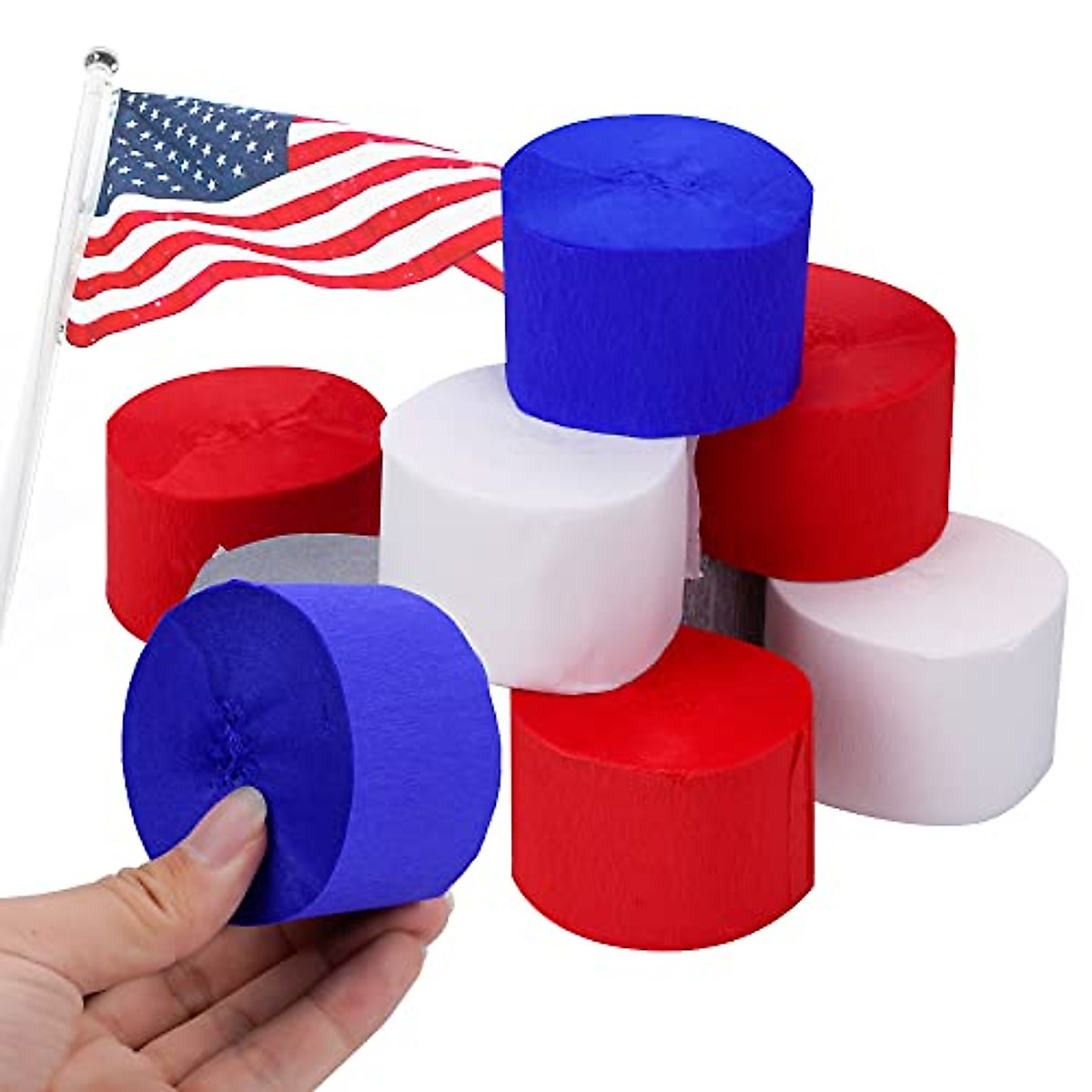 10 Rolls Patriotic Decorations Crepe Paper Streamers, 4th of July Streamers, 810-Feet Red White Blue Hanging Party Decoration, No Accidental Rips Crepe Paper for Independence Day Memorial
