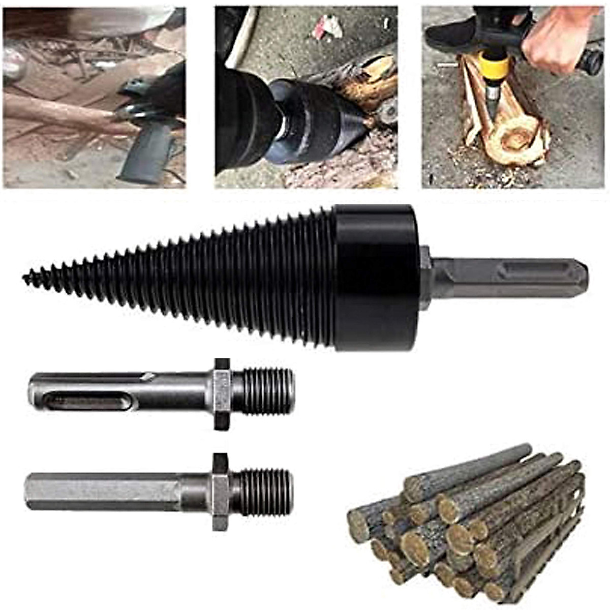 KEWAYO 4pcs Removable Splitting Wood Cone Drill Bit, Wood Splitter Drill Set for Heavy Duty Drill Split Wood Tool and Hand Drill Stick-hex+Square+Round