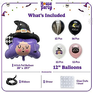 HOUSE OF PARTY Halloween Witch Foil Balloon-50PCS Black Pink White Witch, Cat Latex Balloons for Halloween Birthdays Graduation Party Decorations, School Classroom Games, Kids' Hand Out