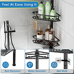 Yaonunoon Corner Shower Caddy Tension Pole- 4-Tier Adjustable Rustproof bathroom shower organizer- 62-115 Inch - 2024 New Adjustable Bathtub Organizer Shelves