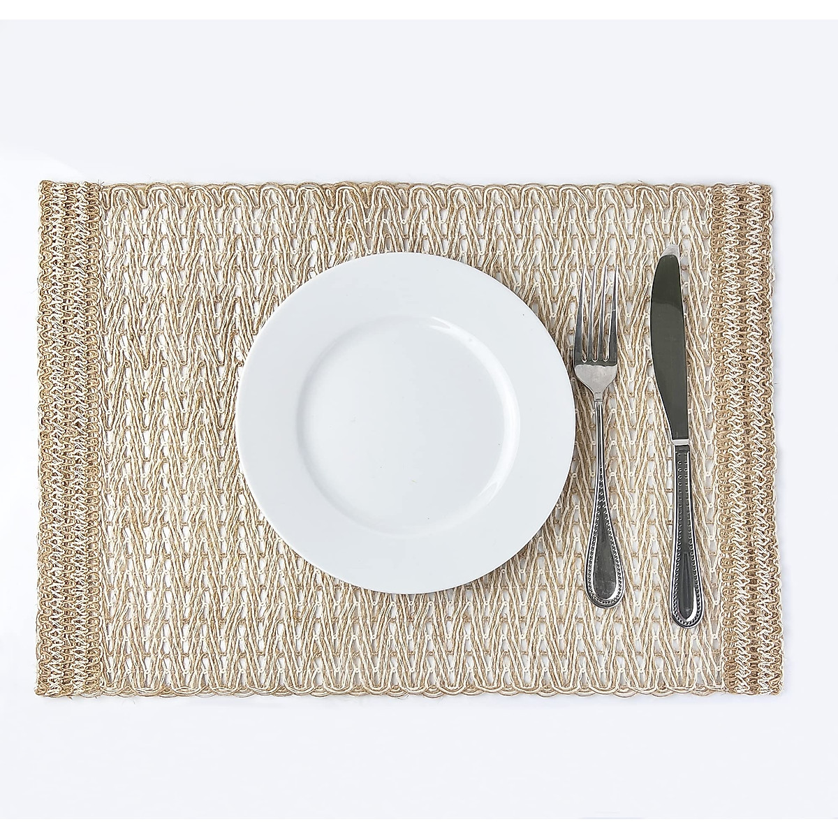 Fennco Styles 100% Jute Design Farmhouse Placemats 13" W x 19" L, Set of 4 - Ivory Table Mats for Home, Dining Room, Banquets, Family Gathering and Special Occasion (Ivory)