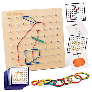 Coogam Wooden Geoboard Mathematical Manipulative Material Array Block Geo Board – Graphical Educational Toys with 30Pcs Pattern Cards and Latex Bands Shape STEM Puzzle Matrix 8x8 Brain Teaser for Kid