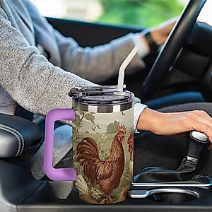 LLUTSNTH 40 Oz Vacuum Tumbler with Violet Handle Leakproof Insulated Tumbler Chickens And Farm Stainless Steel Travel Mug with Lid And Straw Coffee Cup Cute Water Bottles Cup Holder Friendly
