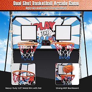 Goplus Foldable Dual Shot Basketball Arcade Game, Basketball Hoop Game w/Electronic Scoring, 8 Game Modes, 4 Balls, Indoor Outdoor Electronic Basketball Game Machine for Kids Adults (White+Blue)