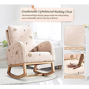 Cute Comfy Rocking Chair for Baby Nursery, Upholstered Rocker Chair with High Backrest and Side Pocket, Modern Armchair for Living Room, Glider Rocker with Solid Wood, Quiet Rocking Design, Beige